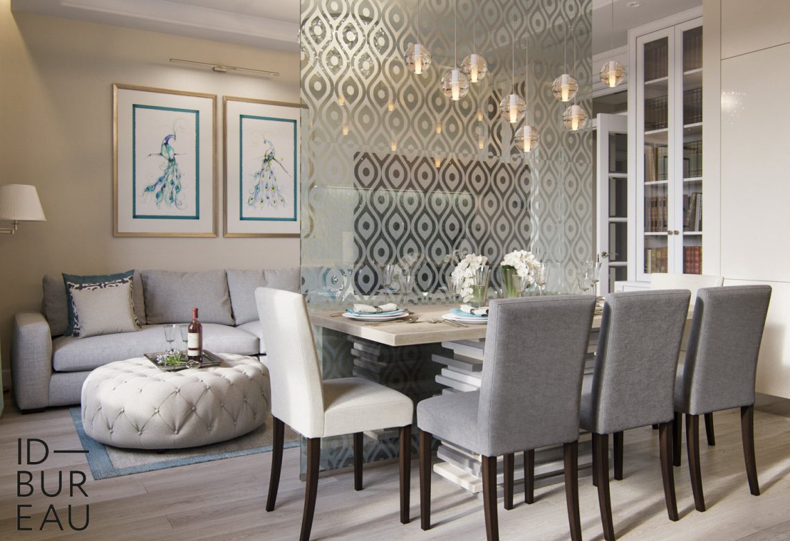 Mintás üveg térelválasztóval látványosan kettéosztott nappali és konyha ...