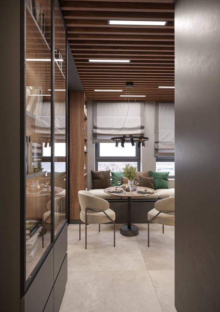 Kényelmes, különleges hangulat grafitszürke, fa, zöld és terrakotta színek elegáns ...