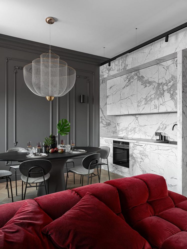 Különleges: sötétszürke, piros színek márványba öltöztetett előszoba ...